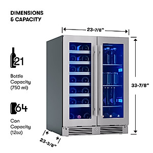 Zephyr Presrv 24 Inch Wine Fridge & Beverage Refrigerator Dual Zone Under Counter - Wine Cooler Cellars Small Beer Fridge Cabinet Drink Chiller Freestanding with French Glass Door 21 Bottles, 64 Cans