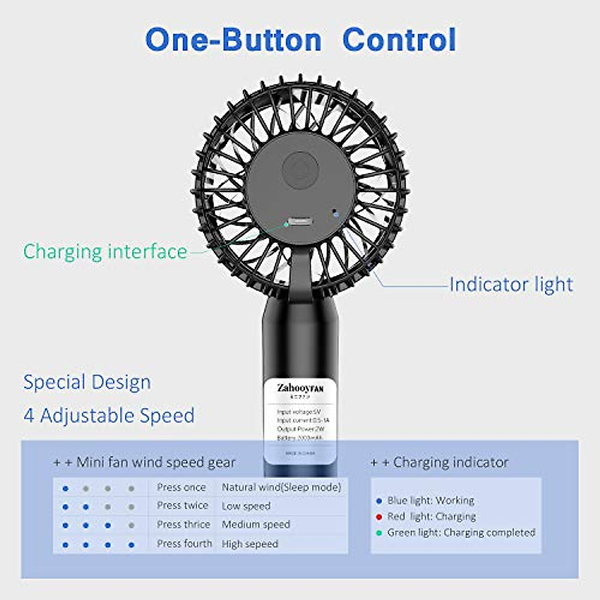 Zahooy Mini Handheld Fan,Small Personal Desk Fan,USB Rechargeable Battery Operated Portable Fan with 4 Adjustable Speeds,Strong Wind Cooling Fans for Office Travel Outdoor Camping Home Fitness(Black)