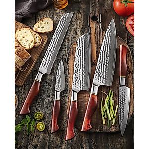 HEZHEN Damascus Knife Set 5PCS,Premium Powder Steel Forged Hammered Pattern, Rosewood Handle, Home Cooking Kitchen Knives