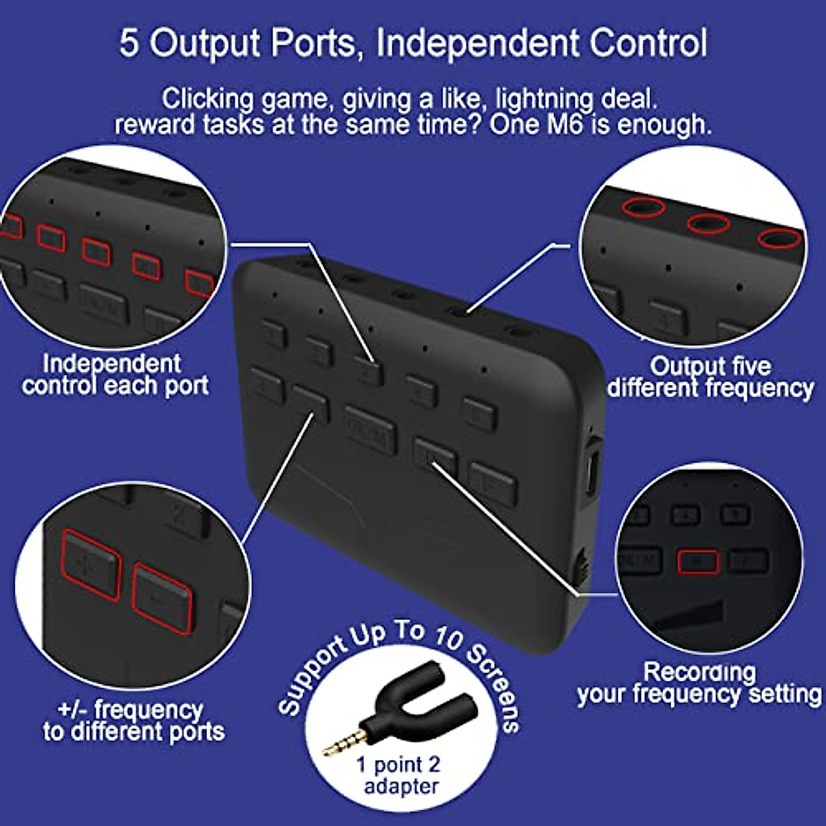 Auto Screen Clicker Device M6, Automatic Clip-on Phone Screen Tapper, Smart Adjustable Speed Simulated Finger Clicking for Games, Giving a like etc, has recording function (Support 5 Ports 10 Screens)