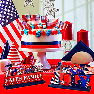 Frienda 3 Pcs 4th of July Table Decoration Patriotic Centerpiece Fourth of July Wooden Sign Independence Day Table Sign American Flag for Freedom Faith Table Decoration for Memorial Day Home Decor