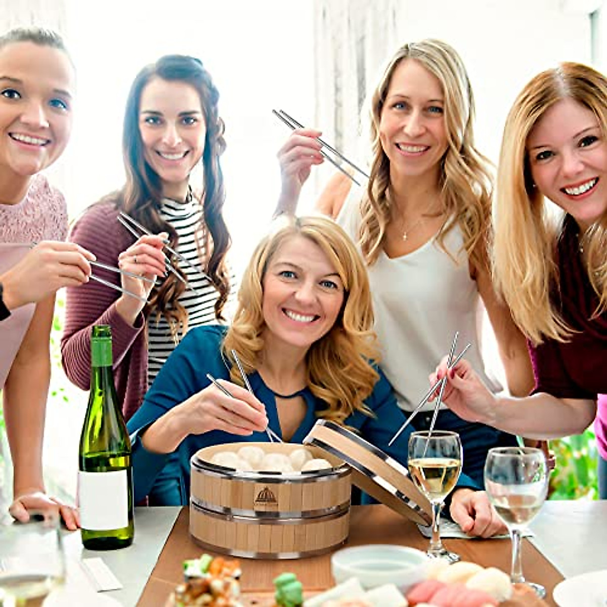 CrownSpire - bamboo steamer 10 inch - bamboo steamer basket - for vegetables + sea food + dumpling cutter + Stainless Steel chopsticks - adapter ring - reusable silicone liners - rolling pin