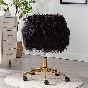 SSLine Faux Fur Vanity Chair Elegant Pink/White/Grey Furry Makeup Desk Chairs for Girls Women Modern Comfy Fluffy Arm Chair with Wheels in Bedroom Living Room (Black&Gold)