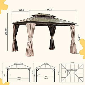 Domi 10' X 12' Hardtop Gazebo, Permanent Outdoor Gazebo with Polycarbonate Double Roof, Aluminum Gazebo Pavilion with Curtain and Net for Garden, Patio, Lawns, Deck, Backyard