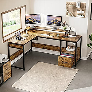 YITAHOME L Shaped Desk with File Drawer, 65" Large Computer Desk Corner Desk with Lift Top, Standing Desk Height Adjustable with Monitor Stand & Storage Shelves for Home Office, Rustic Brown