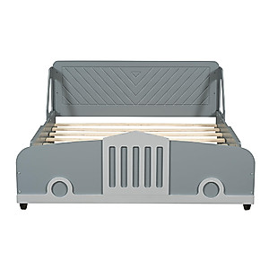 Harper & Bright Designs Full Size Car Bed for Kids, Wood Platform Bed with Wheels, Headboard and Footboard, Race Car Bed Frame with Slats Support for Boys Girls, Gray