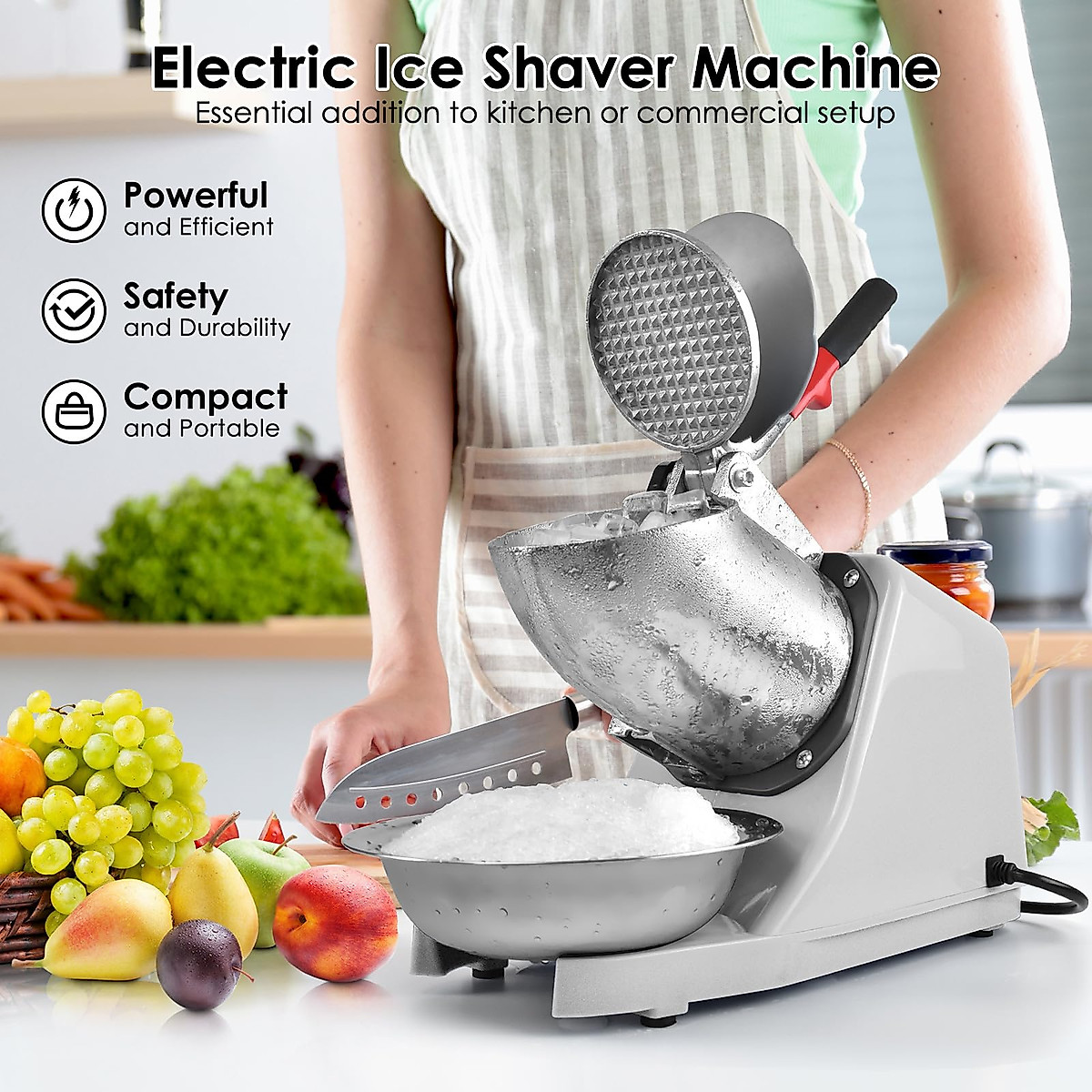 Electric Shaved Ice Machine,with Ice Pick and Scoop,3 Blades of Electric Snow Cone Machine(300W 2200r/min),Splash Proof Ice Shaver Machine,Ice Crusher Machine for Home Commercial Use (Silver)