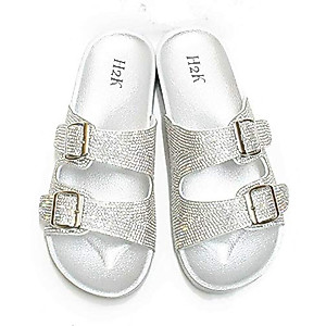 H2K Womens Glitter Double Buckle Adjustable Comfort Slip On Slides Sandals Espen (Silver, 10)