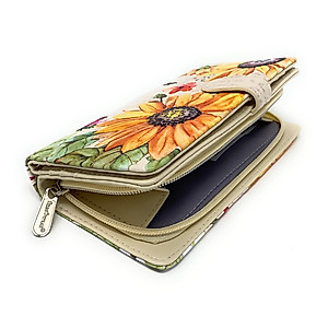 Shag Wear Sunflower Large Floral Wallet for Women and Teen Girls Vegan Faux Leather 7" Beige