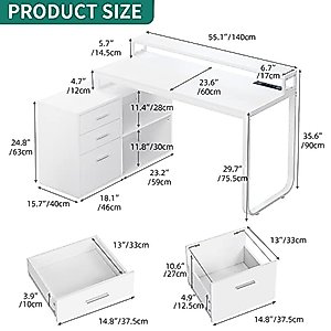 YITAHOME L Shaped Desk with Power Outlets & LED Lights & File Cabinet, 55" Corner Computer Desk with 3 Drawers and 2 Storage Shelves, Home Office Desk with Monitor Stand, White