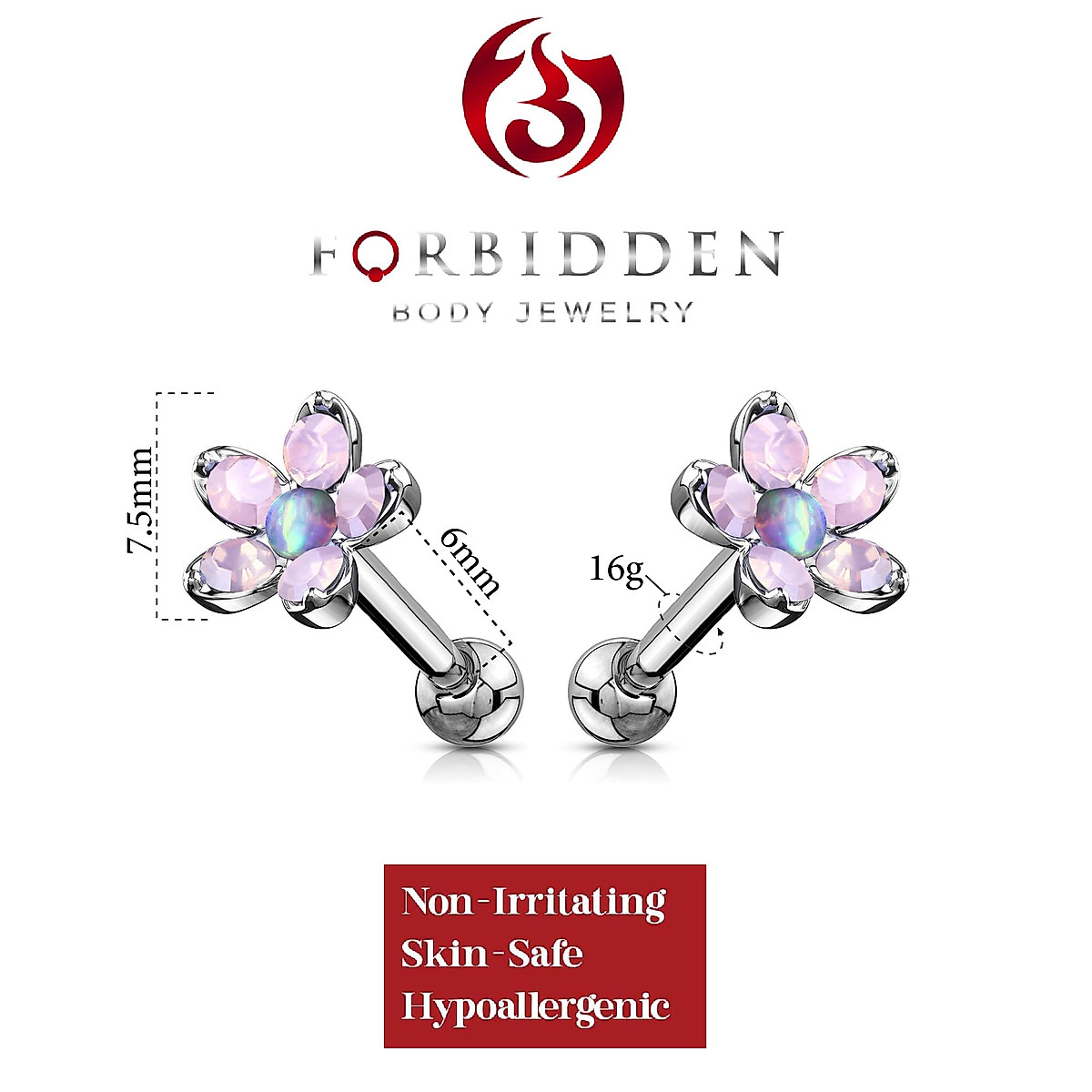 Forbidden Body Jewelry 16g Opalite Flower Tragus/Helix/Cartilage Stud Earring (Purple 2pcs)
