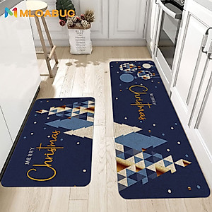 Mloabuc Merry Christmas Kitchen Mats Set of 2, Anti Fatigue Waterproof Stain Resistant Floor Rug Blue Christmas Decorative Non Slip Cushioned Floor Mat - 17x29 and 17x47 Inch