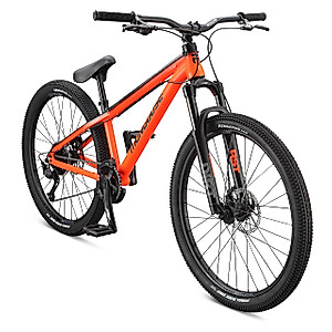 Mongoose Fireball Dirt Jump Mountain Bike, 26-Inch Wheel, 9-Speed Drivetrain, Front Suspension, Mechanical Disc Brakes, Orange