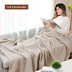 Waffle Blanket Queen 100% Cotton Bed Blanket,380 GSM Waffle Weave Throw Blanket for All Seasons, Pre-Washed and Anti-Shrinkage Soft Lightweight Blanket for Bed, Sofa (Khaki,90x90)