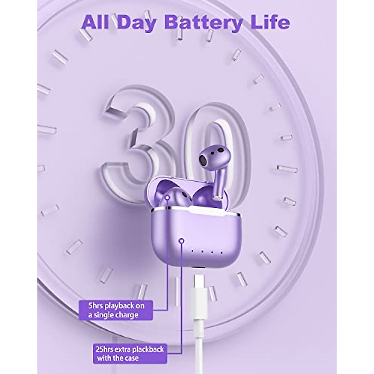 Wireless Earbuds Bluetooth 5.3 Headphones Built-in 4-Mic Clear Call in-Ear Ear Buds Noise Cancelling 30Hrs Playtime Earphones with USB-C Charging Case IPX7 Waterproof Earbuds for iPhone/Android Purple