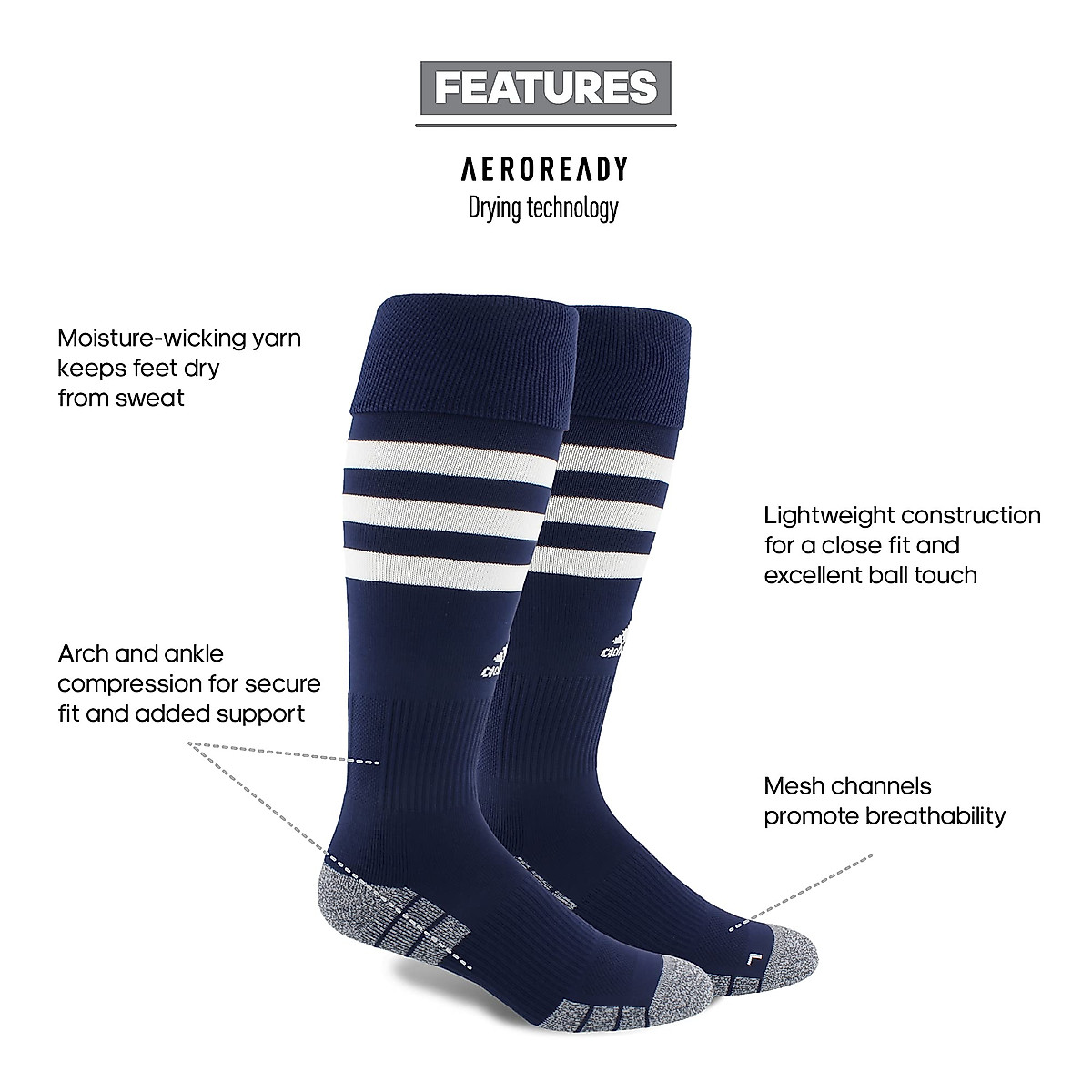 adidas 3-Stripe Hoop Soccer Socks (1-Pair) with Arch Compression for a Secure fit, Team Navy Blue/White, Medium