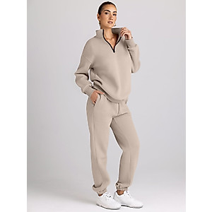 AUTOMET Women's Sweatsuits 2 Piece Outfits Long Sleeve Half Zip Pullover and Baggy Sweatpants with Pockets CoffeeGrey XL
