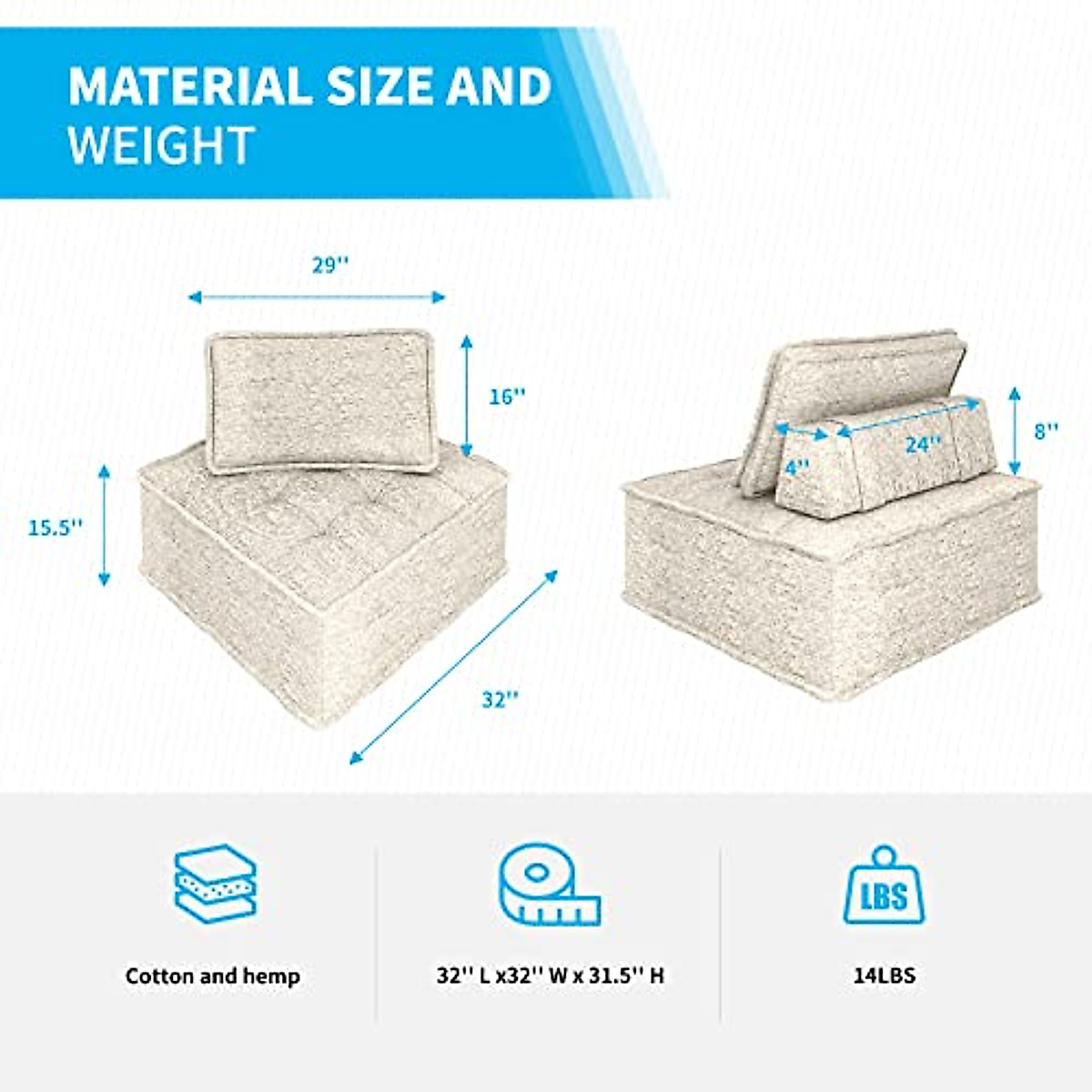 Horgaeo Modular Sectional Sofa, Single Seat Armless Floor Sofa, Comfy Floor Couch with Removable Back Cushion for Living Room/Small Space/Office/Apartment Resting, 1PCS (Beige)