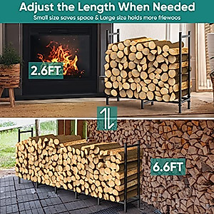 melos Firewood Rack Indoor, 6.6ft Wood Racks Outdoor For Firewood, Wood Holders Firewood Outdoor For Fireplace Wood Storage, Adjustable Fire Log Stacker Stand For Courtyard, Patio, Black