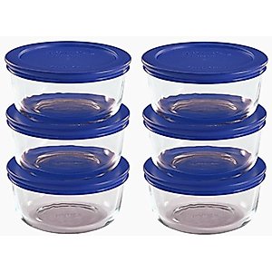Pyrex Storage 2 Cup Round Dish, Clear with Blue Lid, 12-Piece