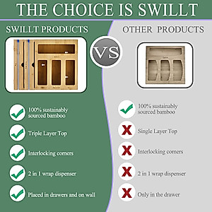 SWILLT - Premium Bamboo Ziplock Bag Organizer for Kitchen Drawer Organizer or Pantry Wall [Exclusive 3 Layer Top Design] -Integrated 2 in 1 Aluminum Foil and Plastic Wrap Dispenser with Cutters- The Perfect Deals/ Holiday Organization Gift