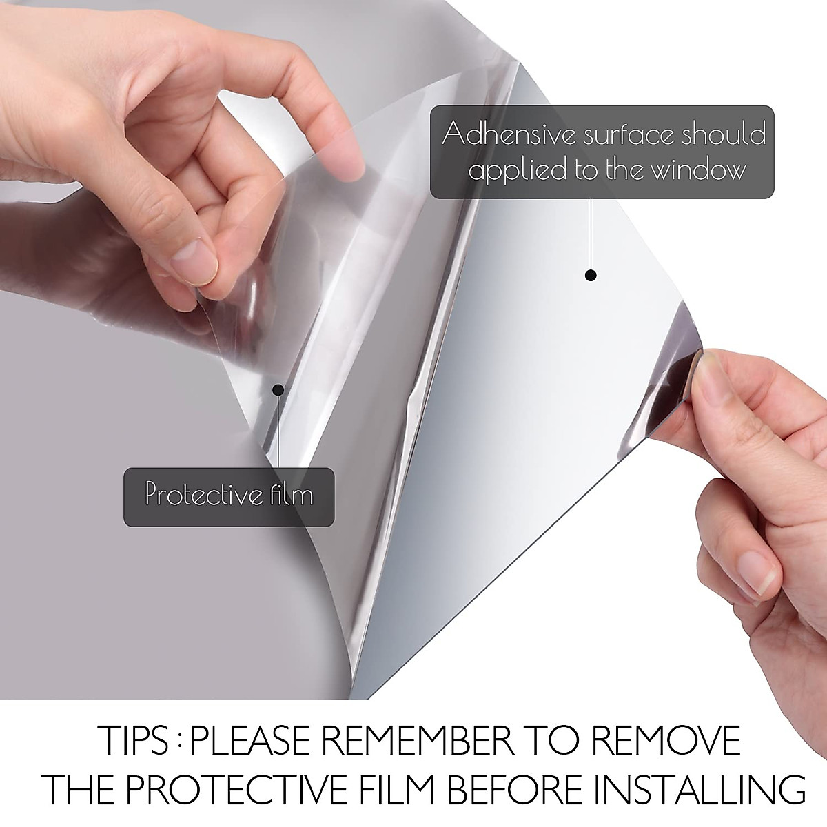 HIDBEA One Way Window Film Non-Adhesive, Heat Control Sun Blocking Daytime Privacy Glass Films, Reflective Self Static Cling Mirror Window Tint for Home (Silver, 35.4 Inch x 16.4 Feet)