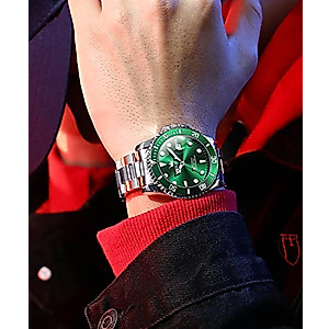 Men Automatic Wirst Watches Self Winding Silver And Green Automatic Watches for Men Mechanical Waterproof Big Face Stainless Steel Date No Battery Watches Man Luminous Submariner Wristwatch Gift