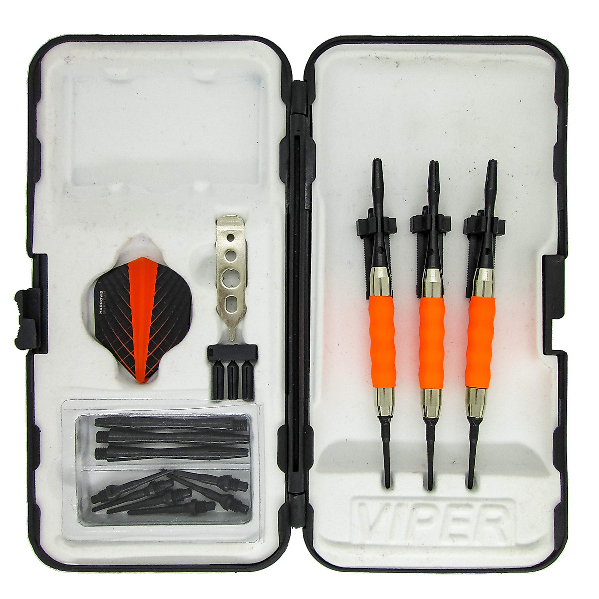 Sure Grip Viper Orange Soft Tip Darts with Dart Case & Accessories Choice of Flights 16 or 18 Grams Plus I Love Darts Bracelet (Harrows Quantum, 18g)
