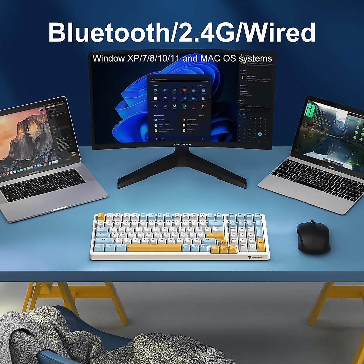 Merdia Wireless Mechanical Keyboard, Triple Mode 2.4G/USB-C/BT Gaming Keyboard 100 Keys Ice-Blue Backlit Brown Switch Keyboard | Rechargeable Keyboard | Mechanical Gaming Keyboard | Ice Blue/W/Y