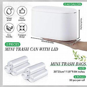 Layhit 2 Pack Mini Trash Can with Lid 0.5 Gallon Small Trash Can with 6 Rolls Plastic White Trash Bags Plastic Tiny Lint Bin Removable Desk Countertop Bin for Bathroom Office Kitchen Desk Coffee Table