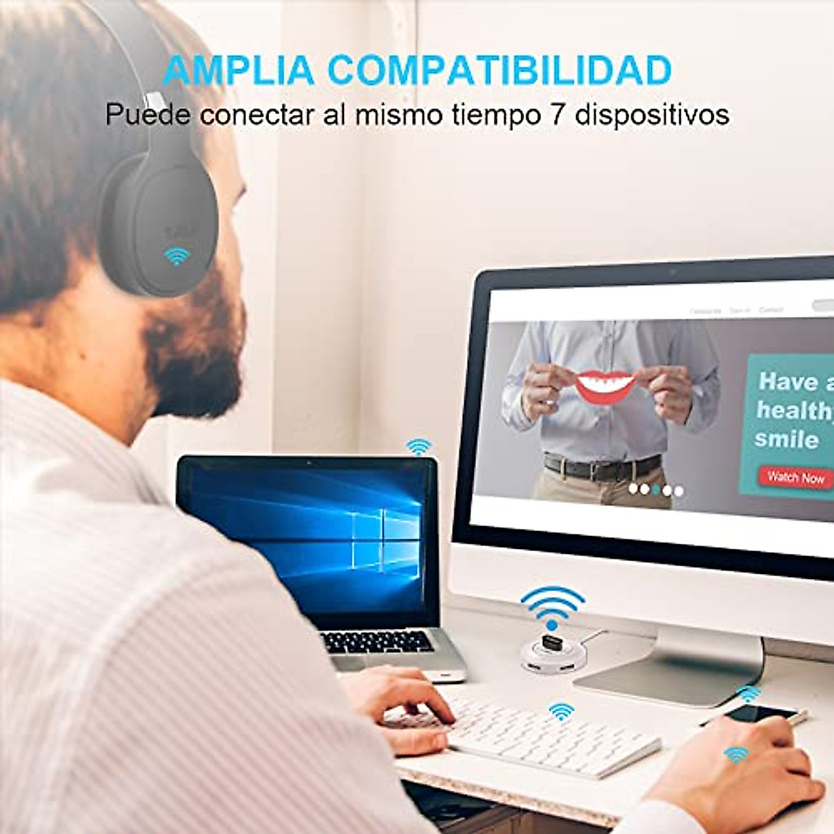 1Mii USB Bluetooth 5.0 Dongle Adapter for PC Laptop Desktop Stereo Headset, Keyboard, Mouse, Support All Windows 10 8.1 8 7 XP Vista