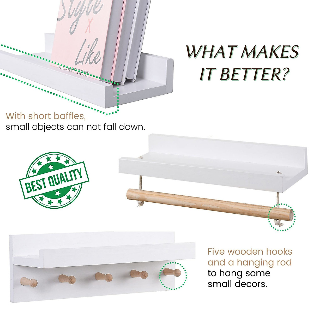 COMAX Kids Floating Book Shelves for Wall Nursery, Hanging Book Shelf Wall Mount Bookshelf Organizer for Kids Room Toddler Baby Bedroom, Small White Floating Shelves Kids Bookshelf Reading Nook