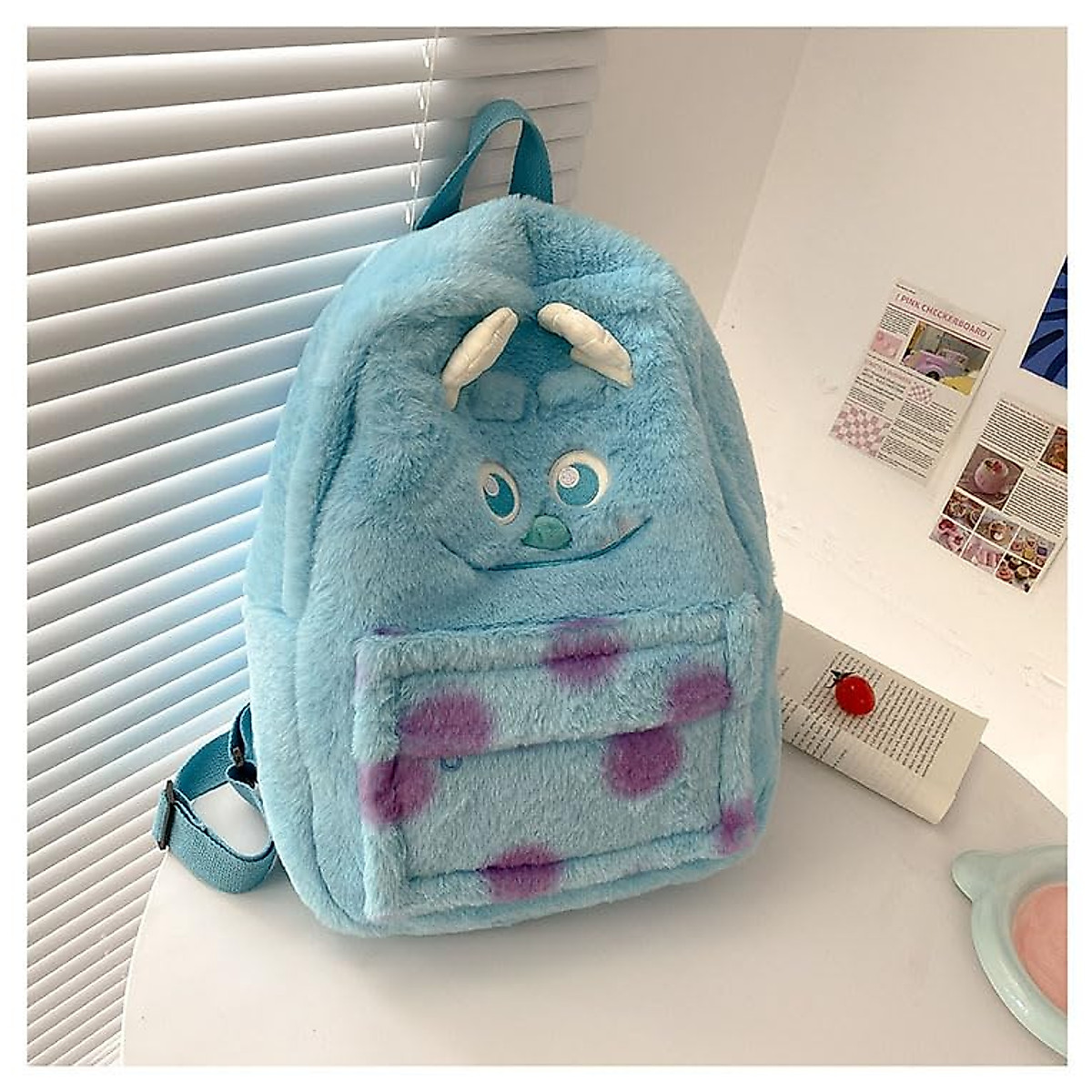 HOKMAH Kawaii Fuzzy Backpack Daypack, Cute Y2K Fluffy Animals Design Chic Cartoon Furry Daypack Bookbag Daily Use Shoulder Bag (blue)