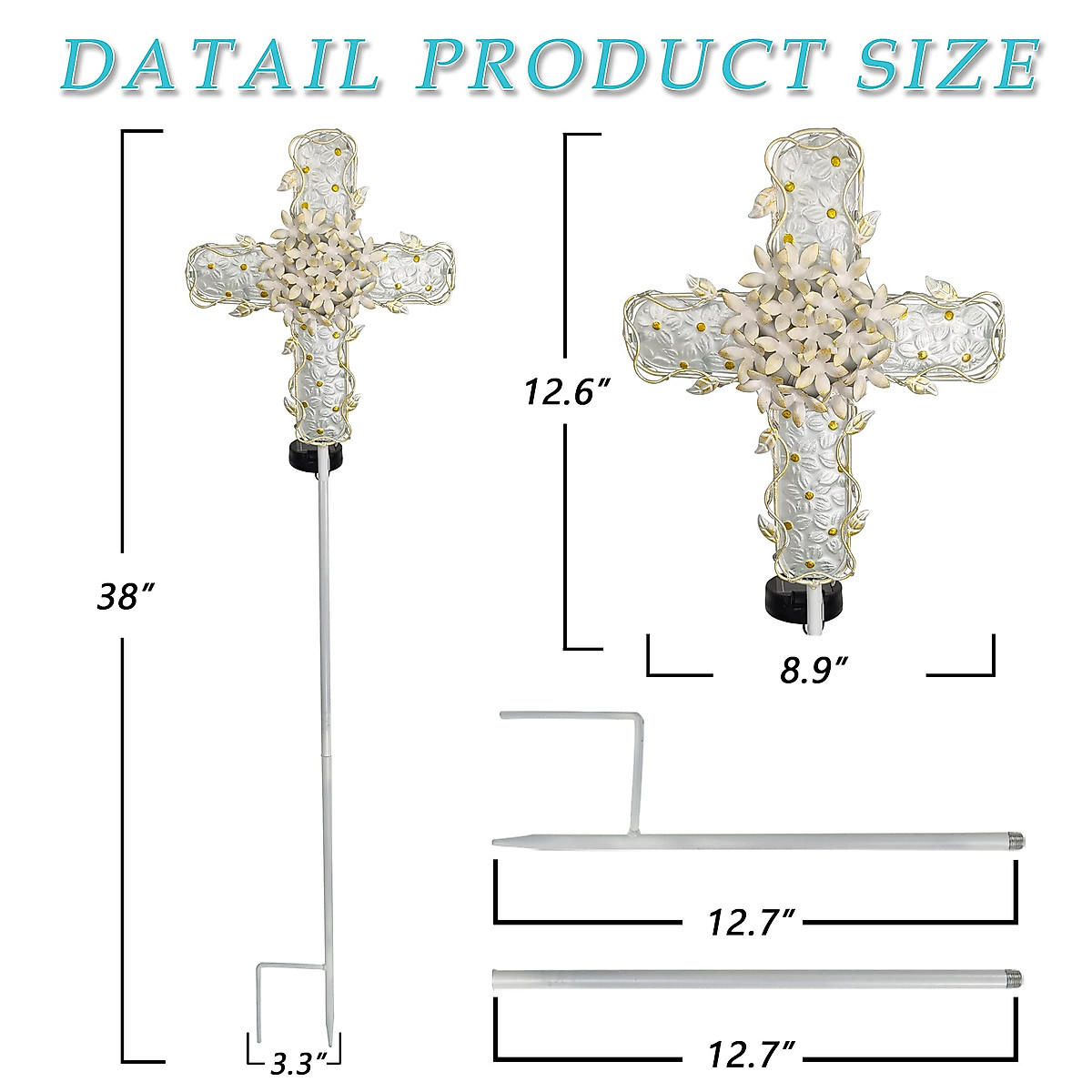 COOZZYHOUR 38Inch Cross Solar Garden Lights Outdoor Decorative - Solar Metal&Glass Cross White Hydrangea Flower Stake Lights- Waterproof 20 Warm White LED for Remembrance Gifts & Sympathy Gifts.