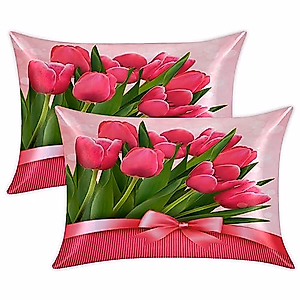 Floral Tulip Satin Pillow Cases Silk Satin Pillowcase for Hair and Skin Standard Set of 2 Super Soft Silk Pillowcase with Envelope Closure (20x26 in)