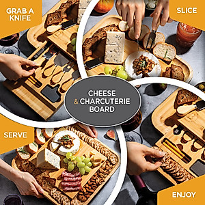 Premium Bamboo Cheese Board: Large Charcuterie Boards Set Including 4 Stainless Steel Knife & Wine Opener - Cheese Platter & Serving Tray - Ideal Valentines Day Gifts, Housewarming Gift, Wedding Gifts
