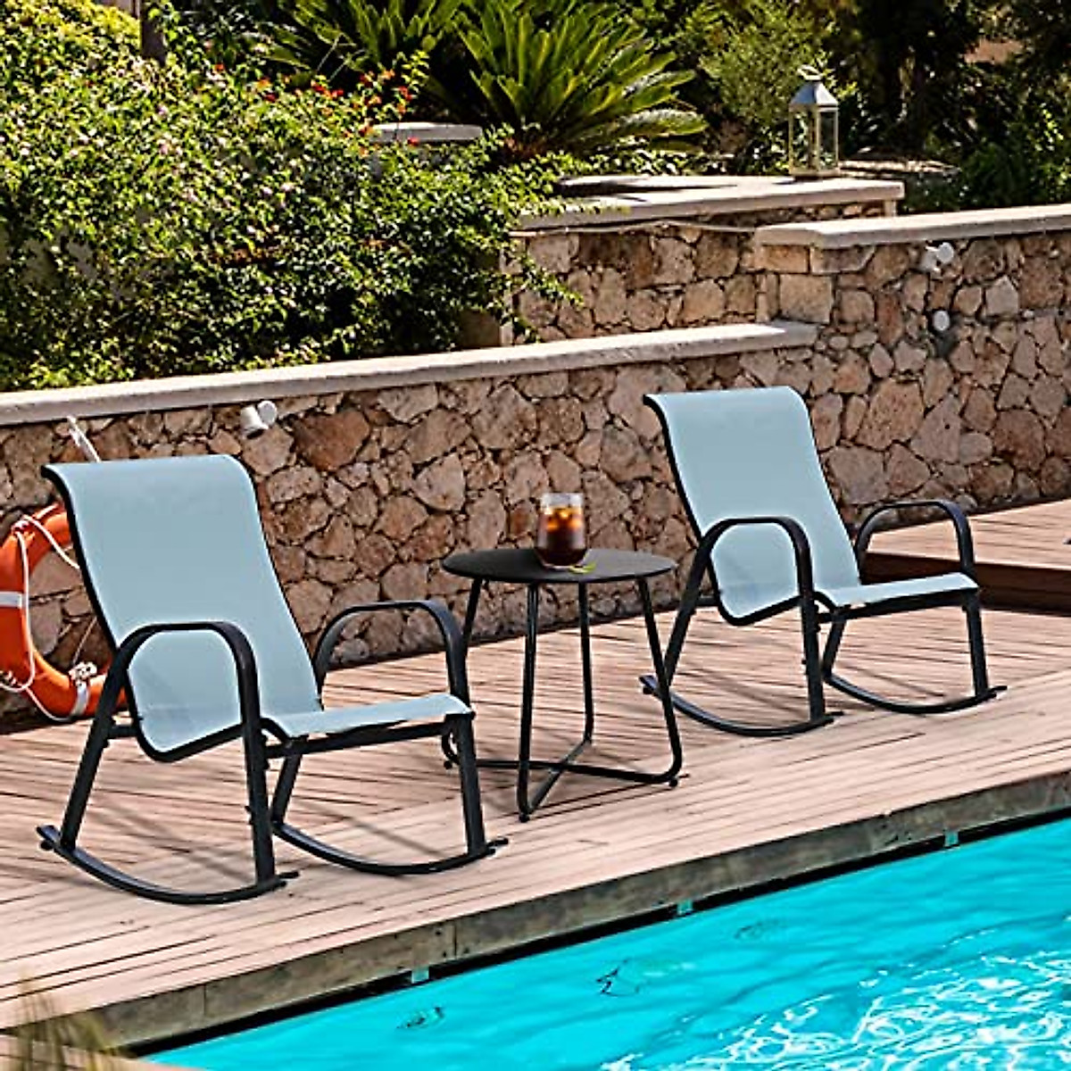 Grand patio Outdoor 3-Piece Patio Bistro Rocking Chair Set, Steel Rocker Seating Outside for Front Porch, Garden, Patio, Backyard (Blue 3PC)