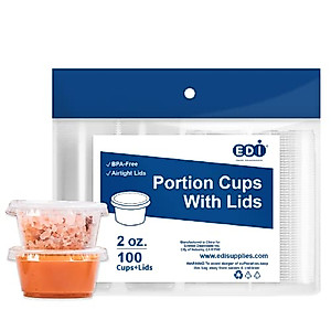 EDI [2 OZ, 100 Sets] Clear Disposable Plastic Portion Cups with Leakproof Lids | Jello Shot Cups | Condiment and Dipping Sauce Cups | Souffle Cups | BPA Free | Recyclable