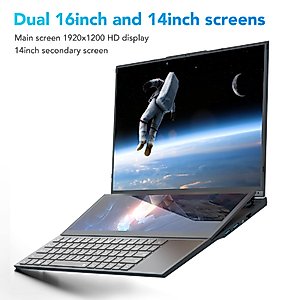 Focket 16in and 14in Dual Screen Laptop with Touch Display, Laptop for Win11 for Intel for Core I7 Processor, Total Cores 6 Total Threads 12, 8G RAM 64G ROM Solid State, 13600mAh