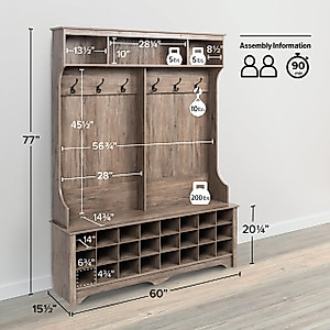Prepac Drifted Gray Hall Tree with Bench and Shoe Storage, 60"W x 77"H x 15.5"D - 24 Shoe Cubby, Mudroom Bench with Storage and Hooks