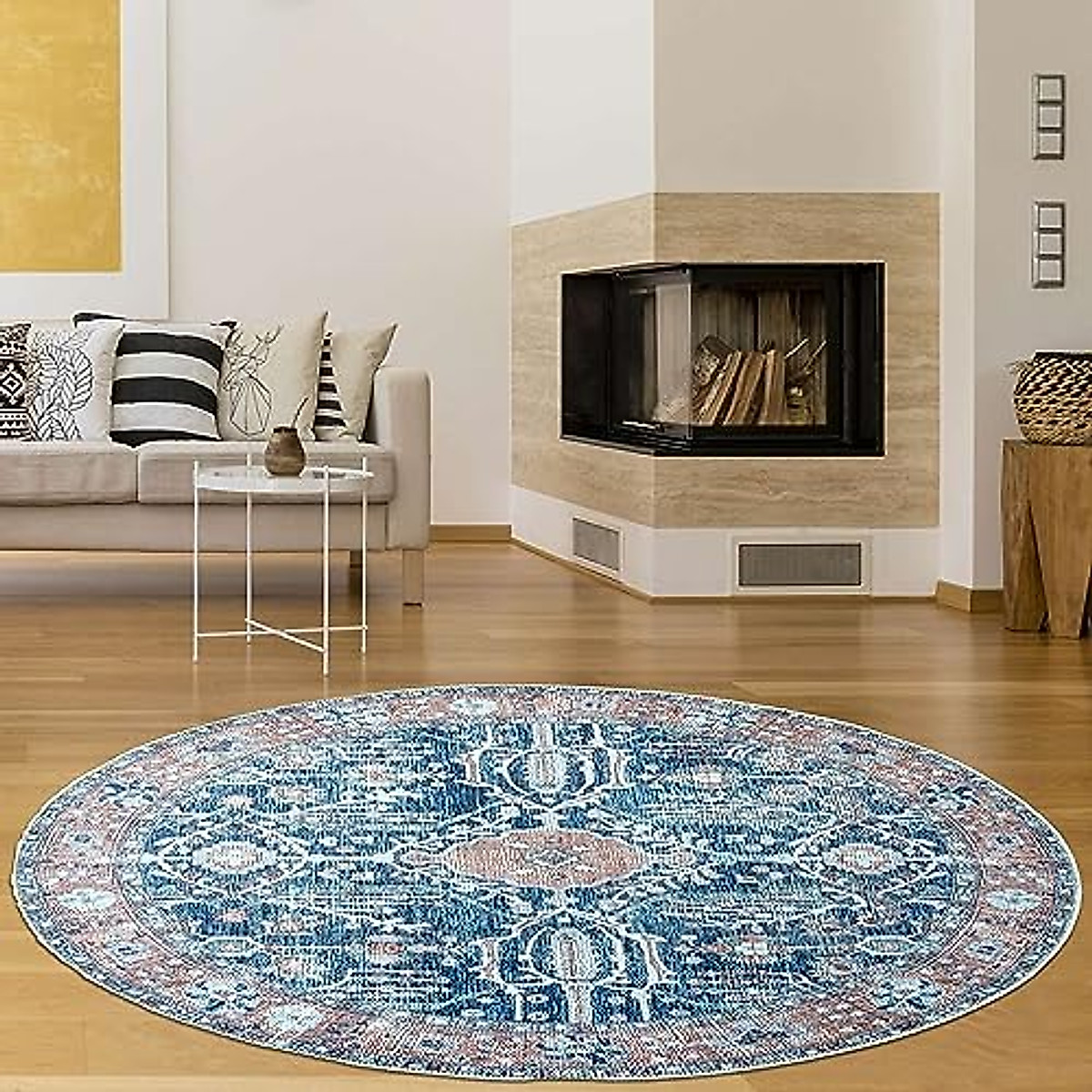 Softwoven Rugs, 5' Round Machine Washable Rug, 90% Cotton, Non-Slip, Family & Pet Friendly, Stain Resistant, Non-Shed, Vintage Design Area Rug for Living Room, Hallway - Navy and Brown