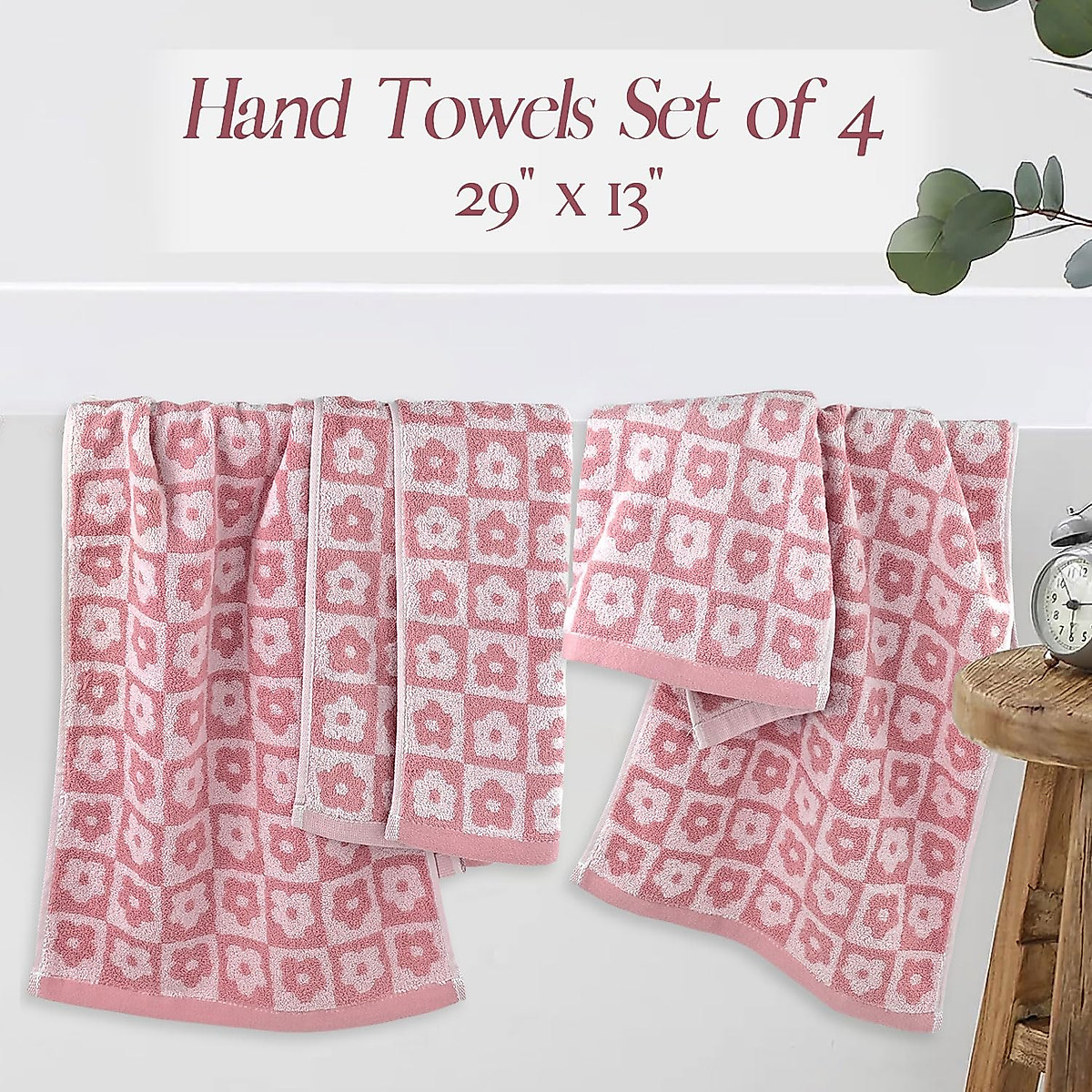 Jacquotha Cotton Hand Towels Pink Checkered Floral - Quick Drying Hand Towel Set of 4, Gifts for Women Her Girls, 29” x 13”