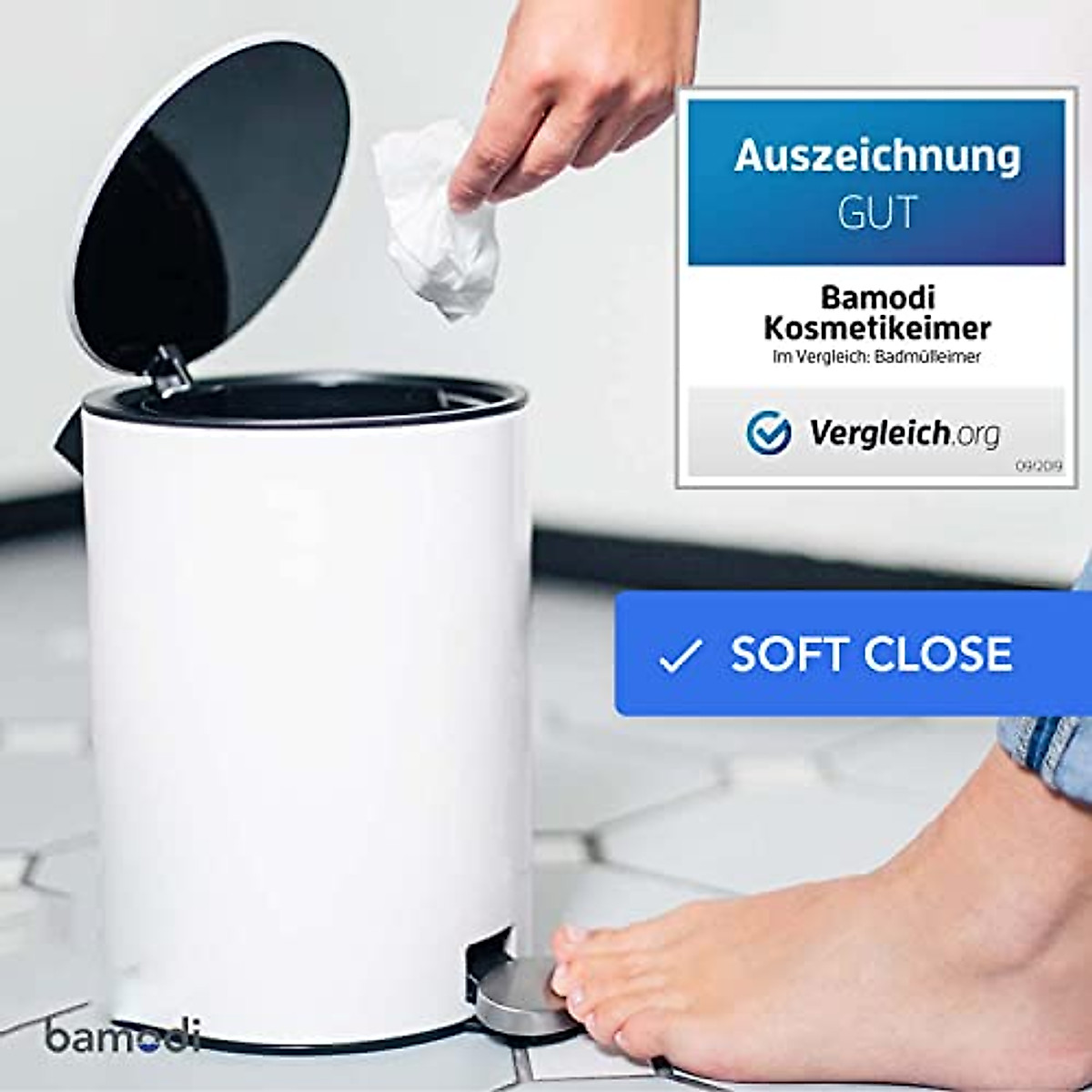 Bamodi Mini Step Trash Can with Lid - 0.8 Gallon Stainless Steel Garbage Can - Soft-Closing System and Removable Inner Bucket Trash Bin - Ideal for Bathroom, Bedroom and Kitchen - White