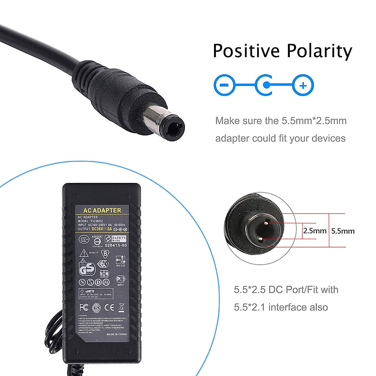 36V 2A Power Supply, COOLM 36V 72W Power Adapter AC 100-240V to DC 72W Transformers Interface 5.5x2.5mm