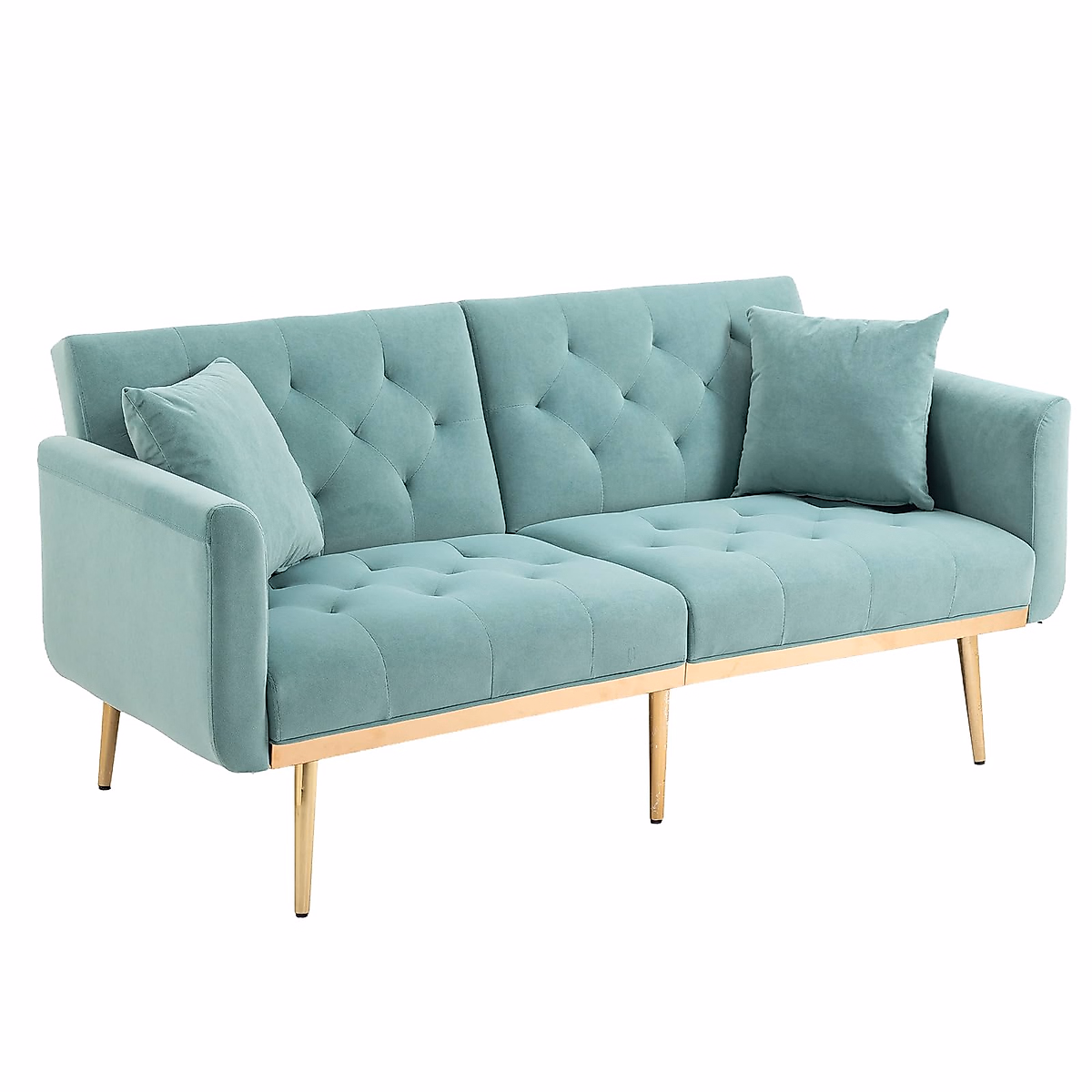 EXZLFA Velvet Sofa Couch,Convertible Sleeper Sofa Bed with Gold Metal Legs and 2 Pillows,Folding Futon Accent Upholstered Loveseat for Living Room Bedroom Office (Mint Green Polyester)