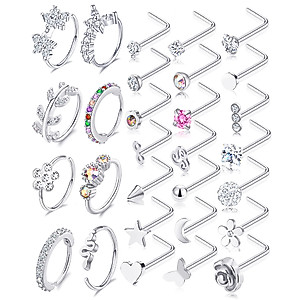 Akeoqi 29Pcs 20G Nose Ring Studs Nose Ring Hoops L Shape CZ Butterfly Snake Star Moon Shape Nose Piercing Jewelry for Women Silver Tone