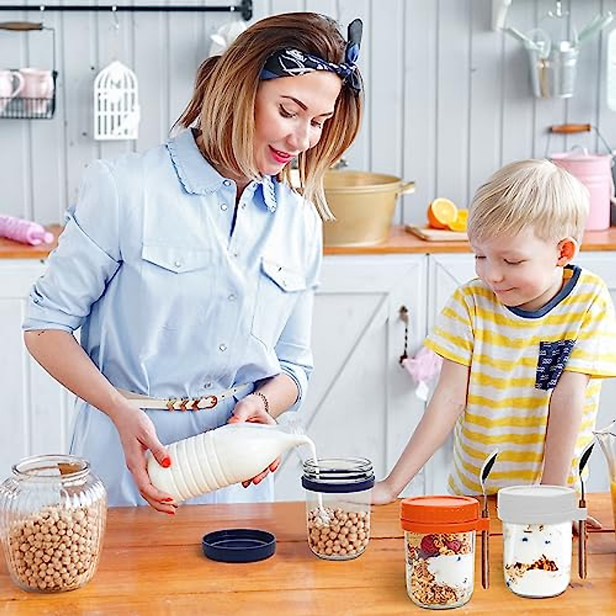 6 Pack Overnight Oats Jars with Lids and Spoons, 16 oz Glass Bottles Containers Large Capacity Yogurt Containers Airtight Jars for Milk, Cereal Storage Jars with Lids for Oatmeal Container to go