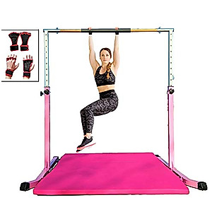 Gymnastic Kip Bar Horizontal Bar Expandable Height for Kids Junior Gymnastics 4'x6' Mat- Adjustable 3 to 5 FT - Gymnastic Bar with Cushioned Bar Pad for Fiberglass Rail with Curved Legs, Gloves (Pink)