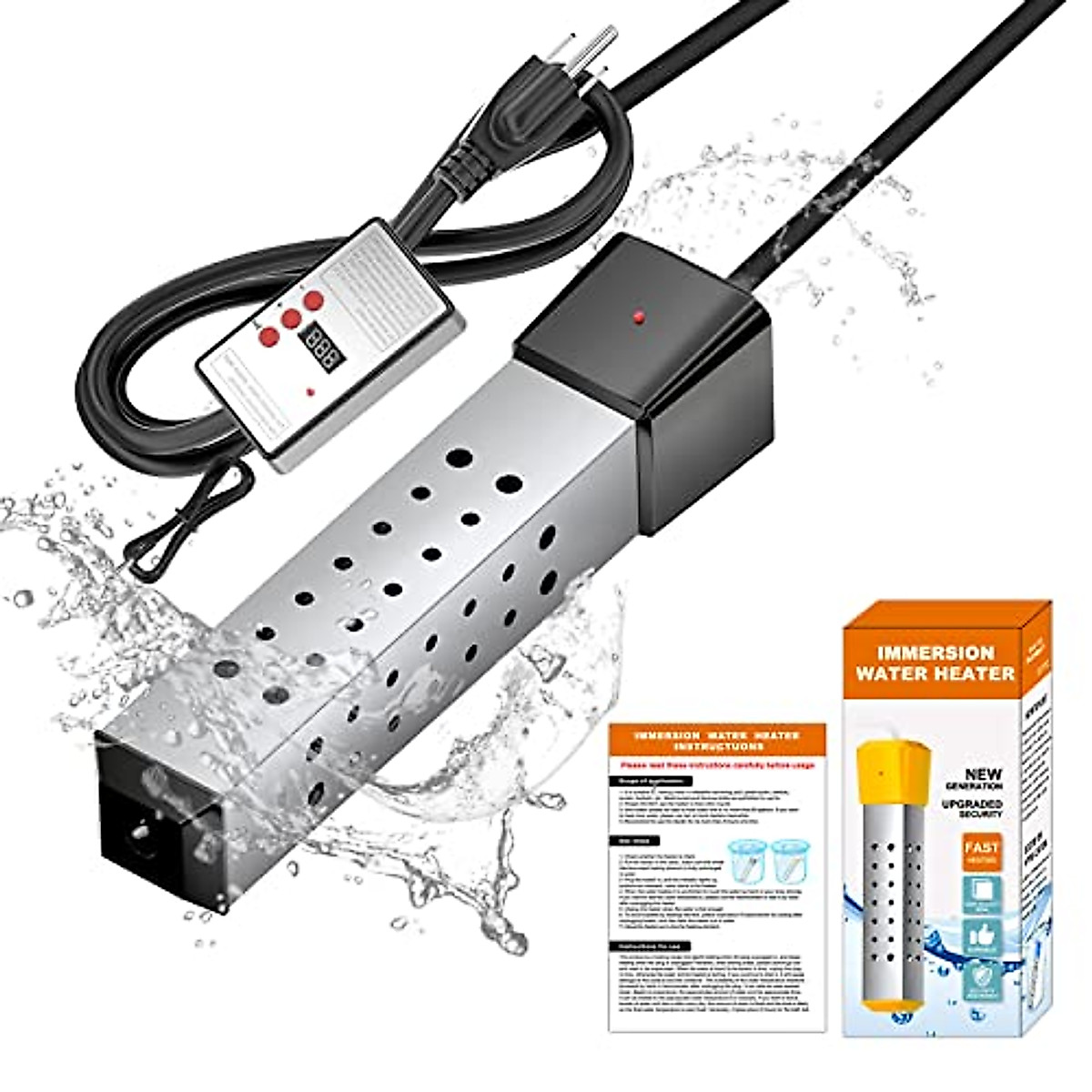 MUFUN Immersion Water Heater, 2000W Portable Pool Heater with Thermostat and Temperature Probe, Bucket Heater with 304 Stainless-Steel Guard, for Travel Camping Hot Bathtub Mini Inflatable Pool