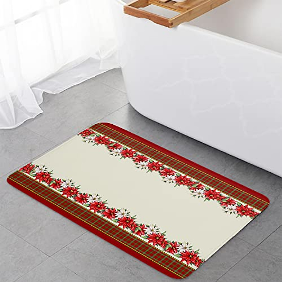Front Door Mats Outdoor Indoor Kitchen Mat, Christmas Flower Red Green Buffalo Plaid Entrance Doormat Non-Slip Bathroom Rugs Washable Floor Mats for Sink/Porch, 18" x 30"